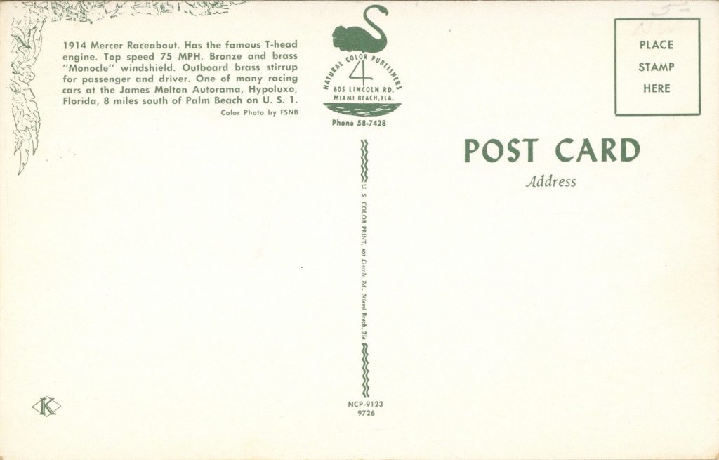 1914 MERCER Raceabout postcard back