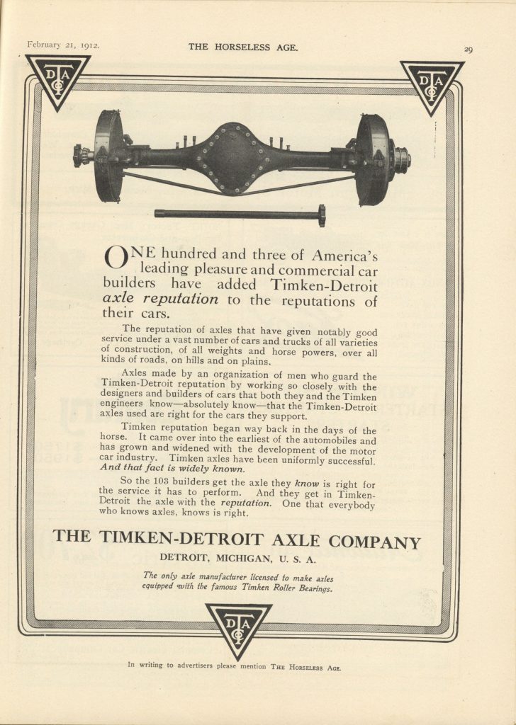 1912 2 21 TIMKEN-DETROIT AXLE COMPANY ad THE HORSELESS AGE 9"×12" page 29