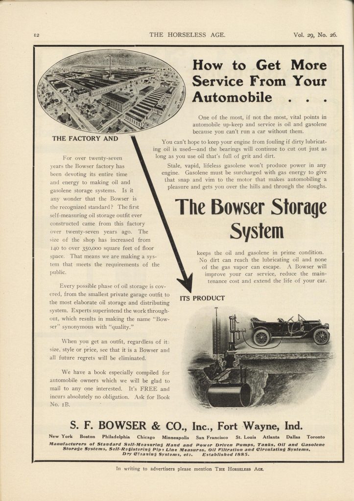1912 6 26 IND BOWSER The Bowser Storage System ad THE HORSELESS AGE 9 ...