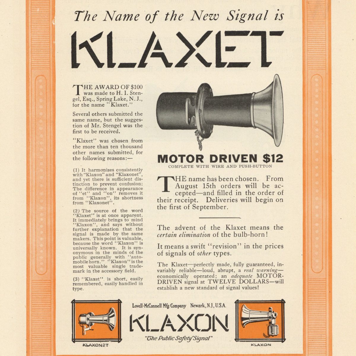 1912 7 25 KLAXON Horns KLATXET ad MOTOR AGE 8"×11.5" page 55