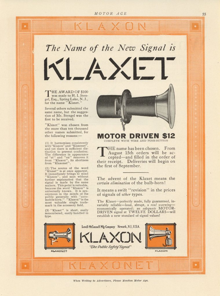 1912 7 25 KLAXON Horns KLATXET ad MOTOR AGE 8"×11.5" page 55