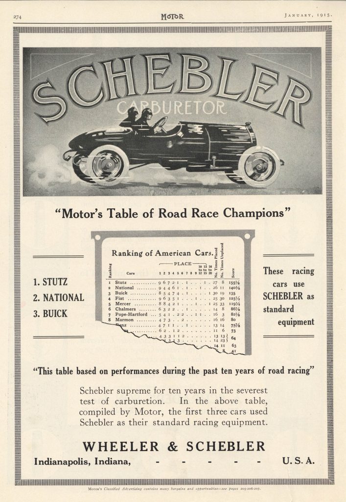 1915 1 SCHEBLER Carburetors STUTZ Motors Table of Road Race Champions ...