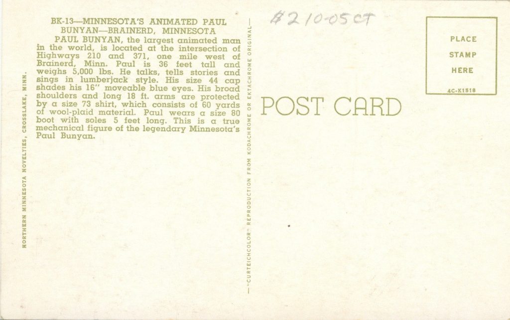 1960 ca. Brainerd, MINN MINNESOTA'S ANIMATED PAUL BUNYAN BK 13 postcard back