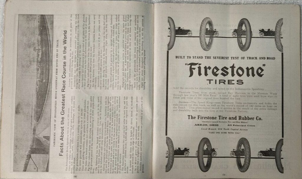 1912 Indy 500 PROGRAM Firestone TIRES ad Inside front cover pages 4 & 5 ...
