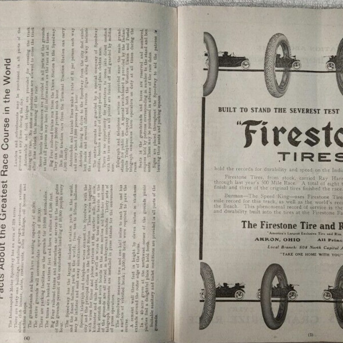 1912 Indy 500 PROGRAM Firestone TIRES ad Inside front cover pages 4 & 5 ...