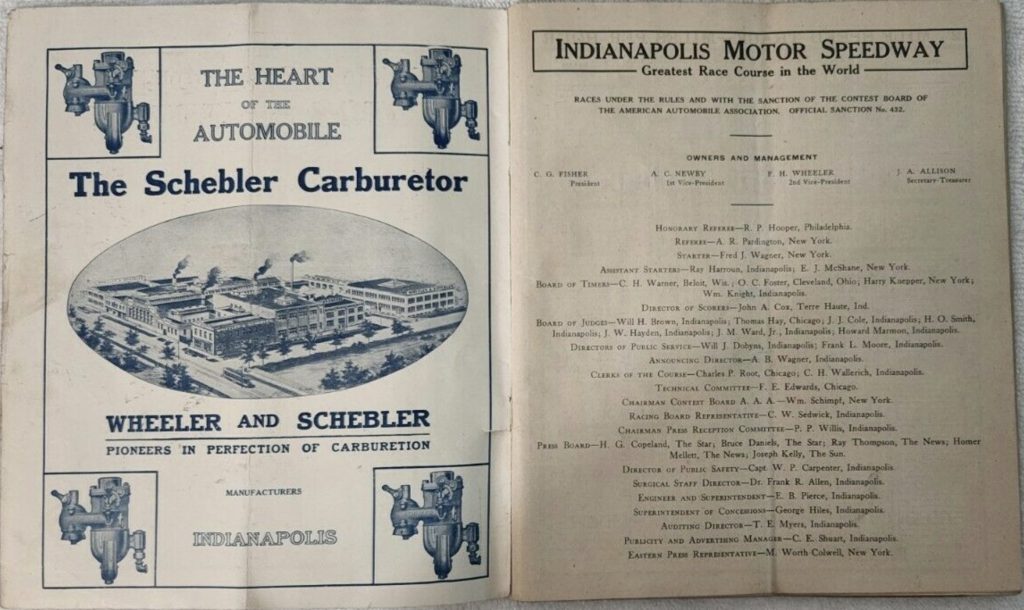 1912 Indy 500 PROGRAM Schebler Carburetor ad Inside front cover page 1 ...