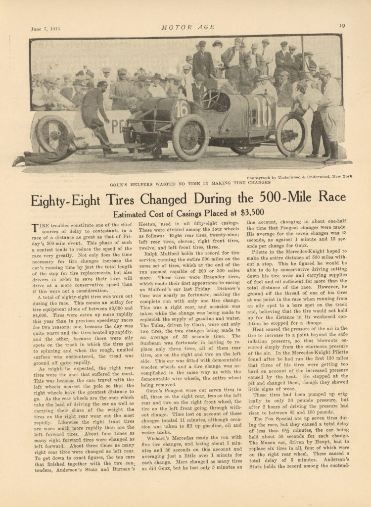 1913 6 5 Indy 500 Eighty-Eight Tires Changed During the 500-Mile Race ...