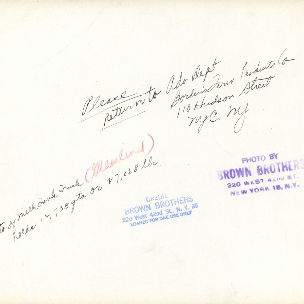 1934 ca. BORDEN Milk tractor and tanker NY Brown Bros. 10"×8" photo back