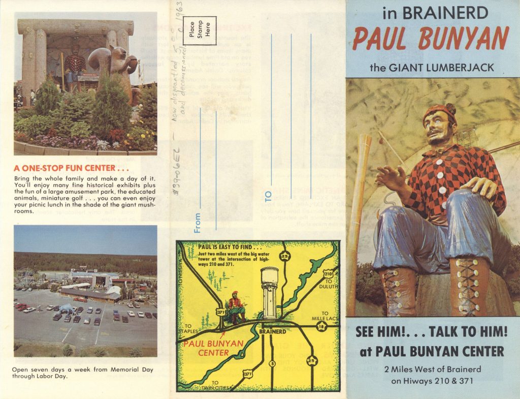 1963 ca. PAUL BUNYAN THE GIANT LUMBERJACK Brainerd, MN folder 11"×8.5 ...