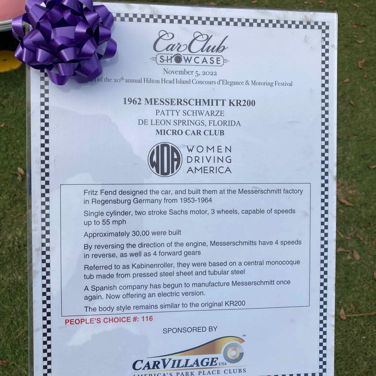 2022 11 5 Hilton Head Concours South Carolina 1962 MESSERSCHMITT KR200 sign