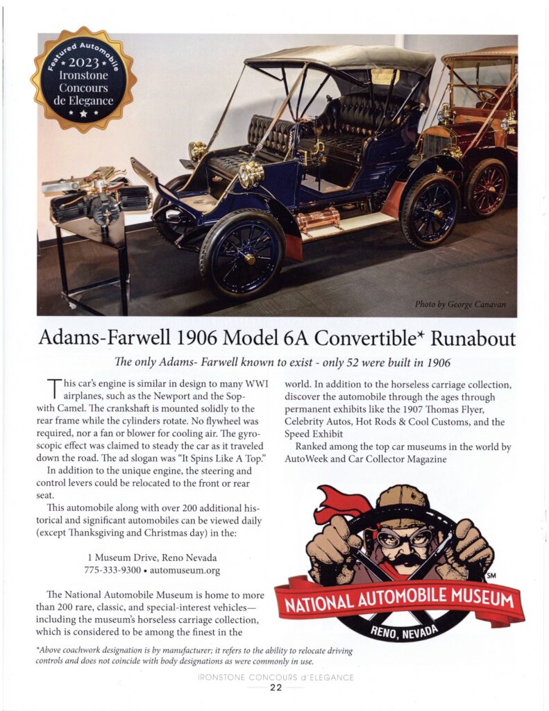 2023 IRONSTONE CONCOURS program 8.5"×11" Adams Farwell 1906 Model 6A ...