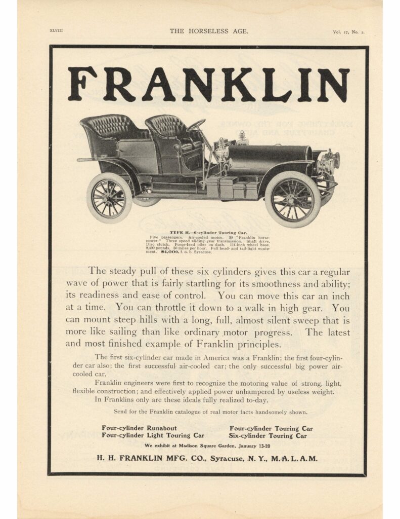 1906 10 FRANKLIN TYPE H 6 cylinder Touring Car ad THE HORSELESS AGE 8.5 ...