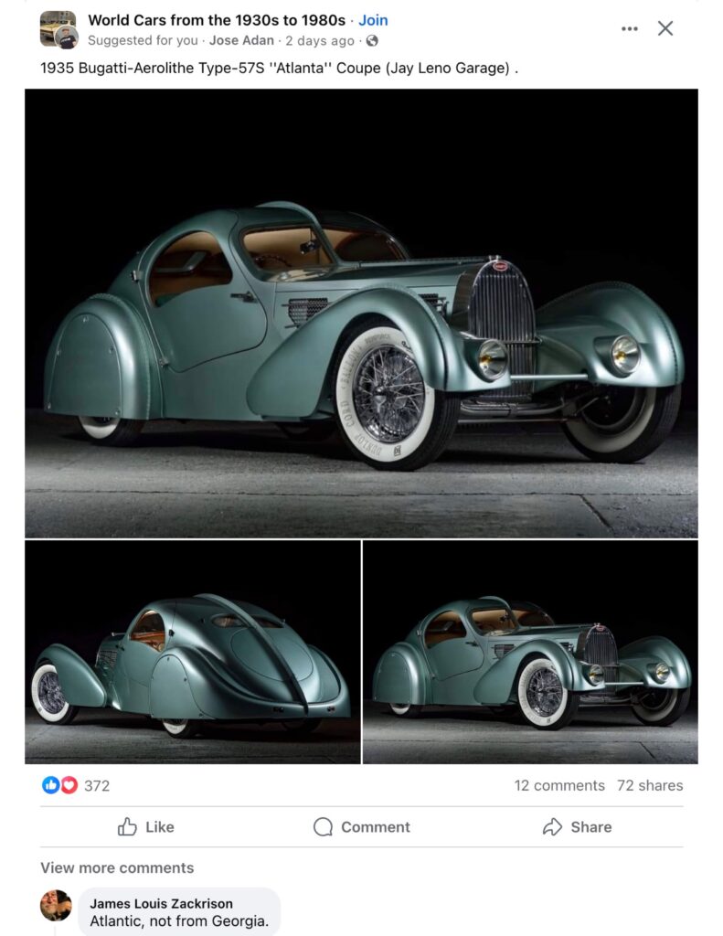 1935 BUGATTI Aerolithe Type 57S Atlanta Coupe FB