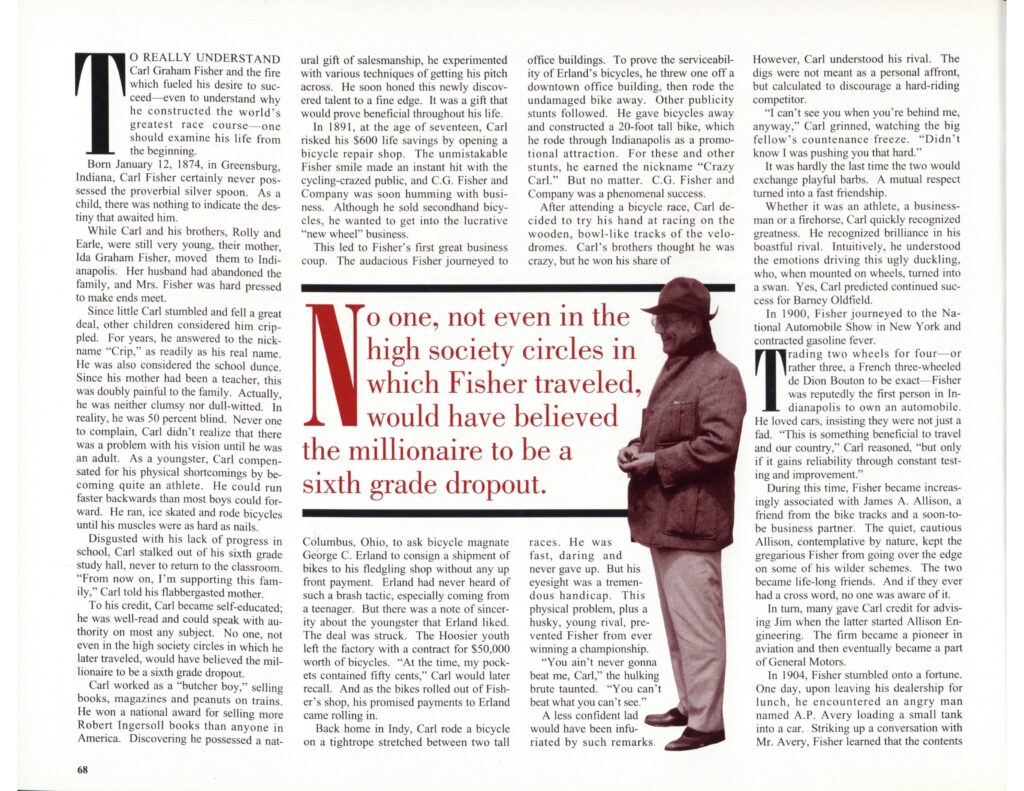 CARL G. FISHER By L. Spencer Riggs article AUTOMOBILE Quarterly No. 2 May 1996 10.25"×8.25" page 68