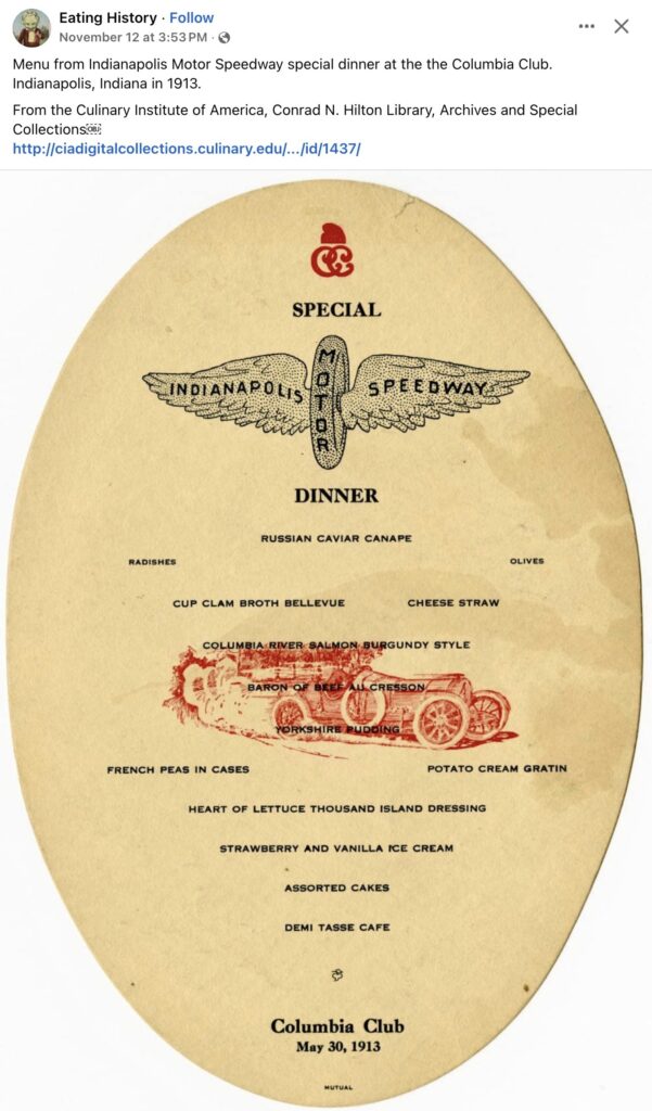 1913 5 30 Indianapolis, IND Columbia Club Special Dinner Menu FB