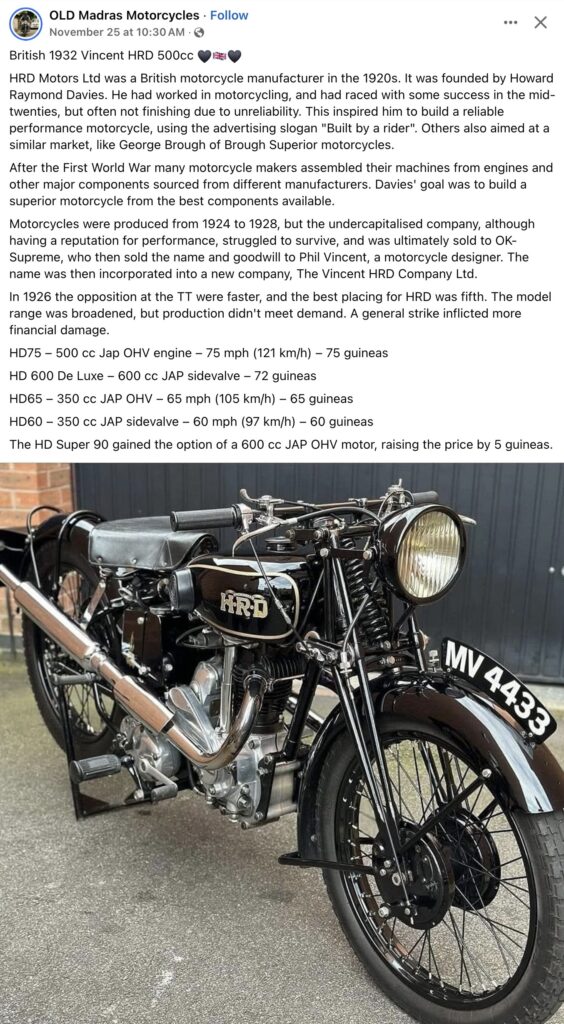 1932 VINCENT HRD 500cc motorcycle FB