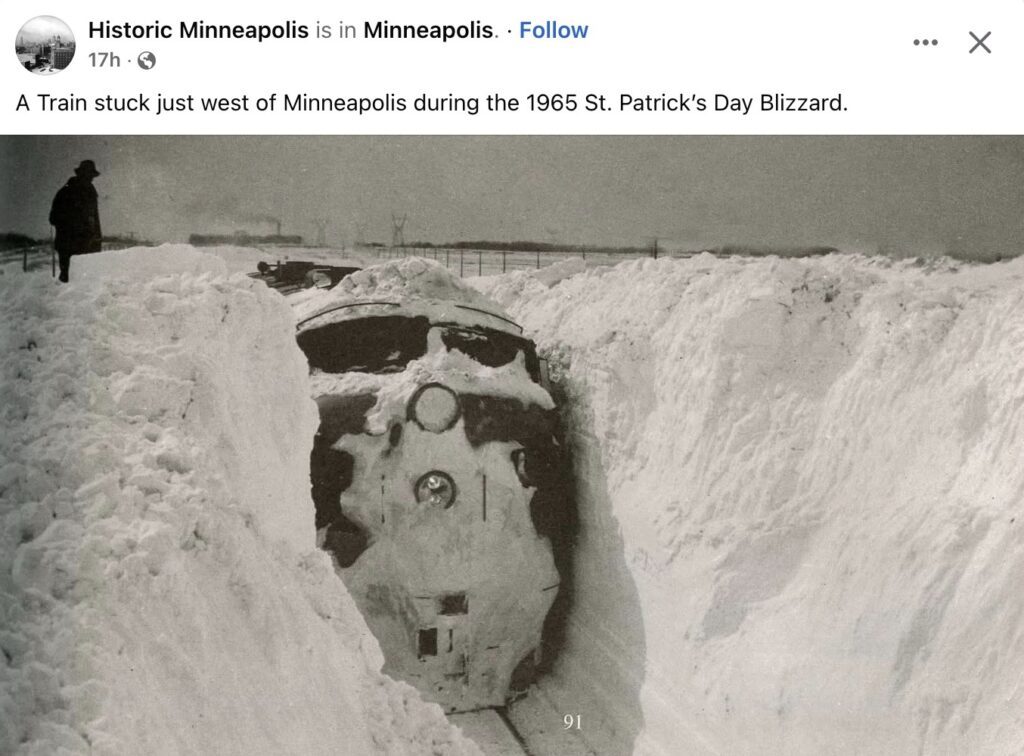 1965 Minneapolis, MN Snow stuck train FB