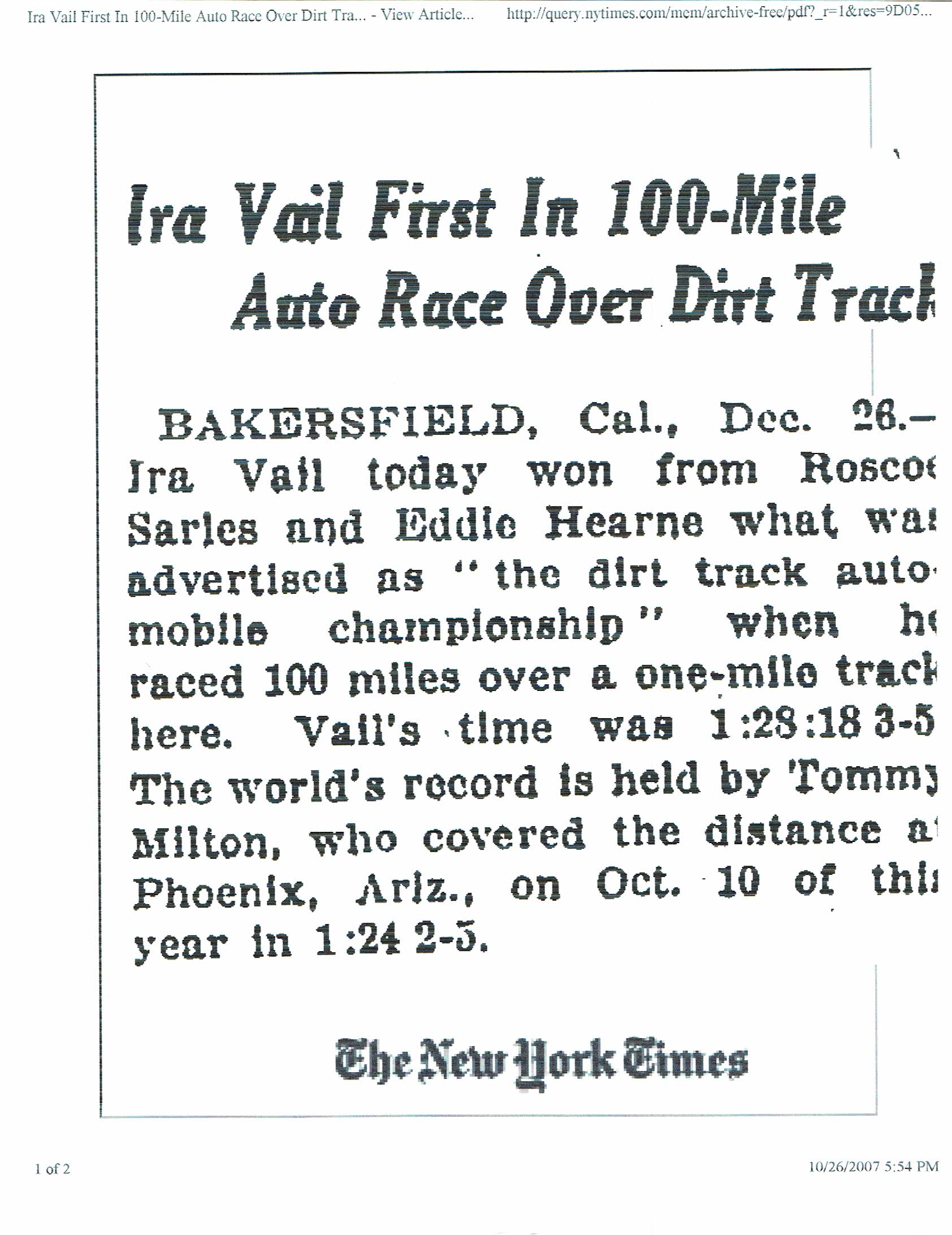 1917 12 26 ca. Ira Vail First In 100-Mile Auto Race Over Dirt Track The ...