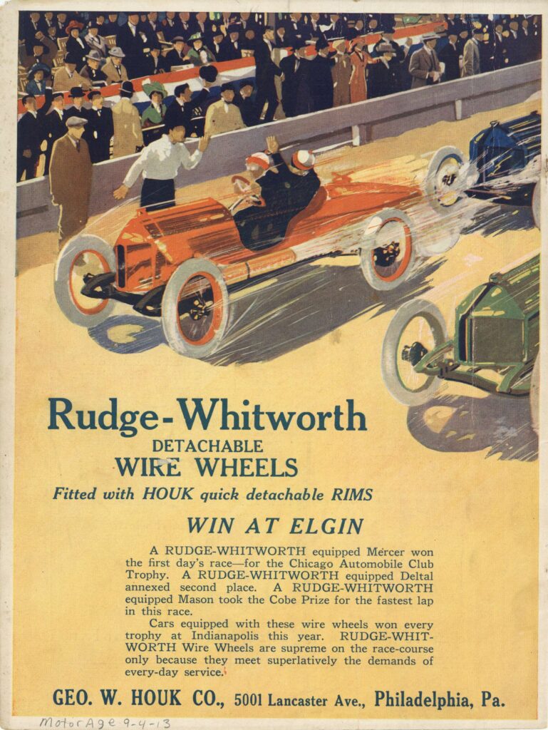 1913 9 4 Elgin Rudge-Whitworth WIRE WHEELS color ad MOTOR AGE 9"×12"