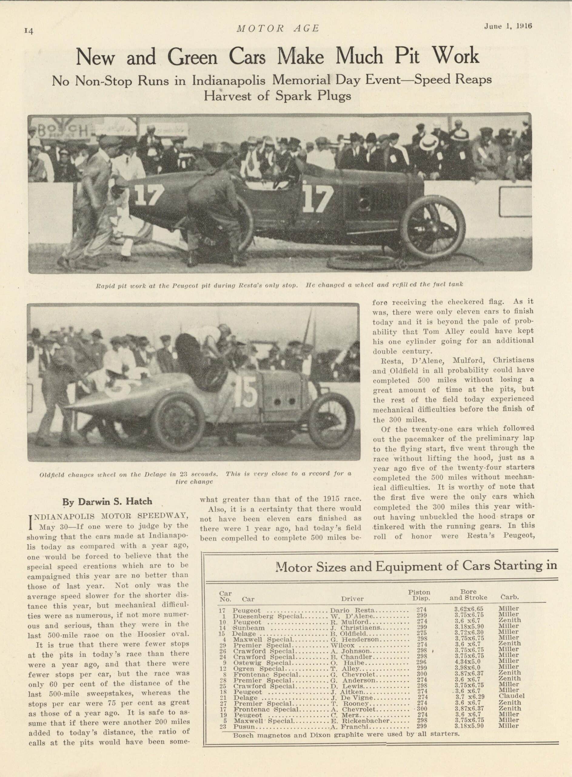 1916 6 1 Indy 500 New and Green Cars Make Much Pit Work by Darwin S ...